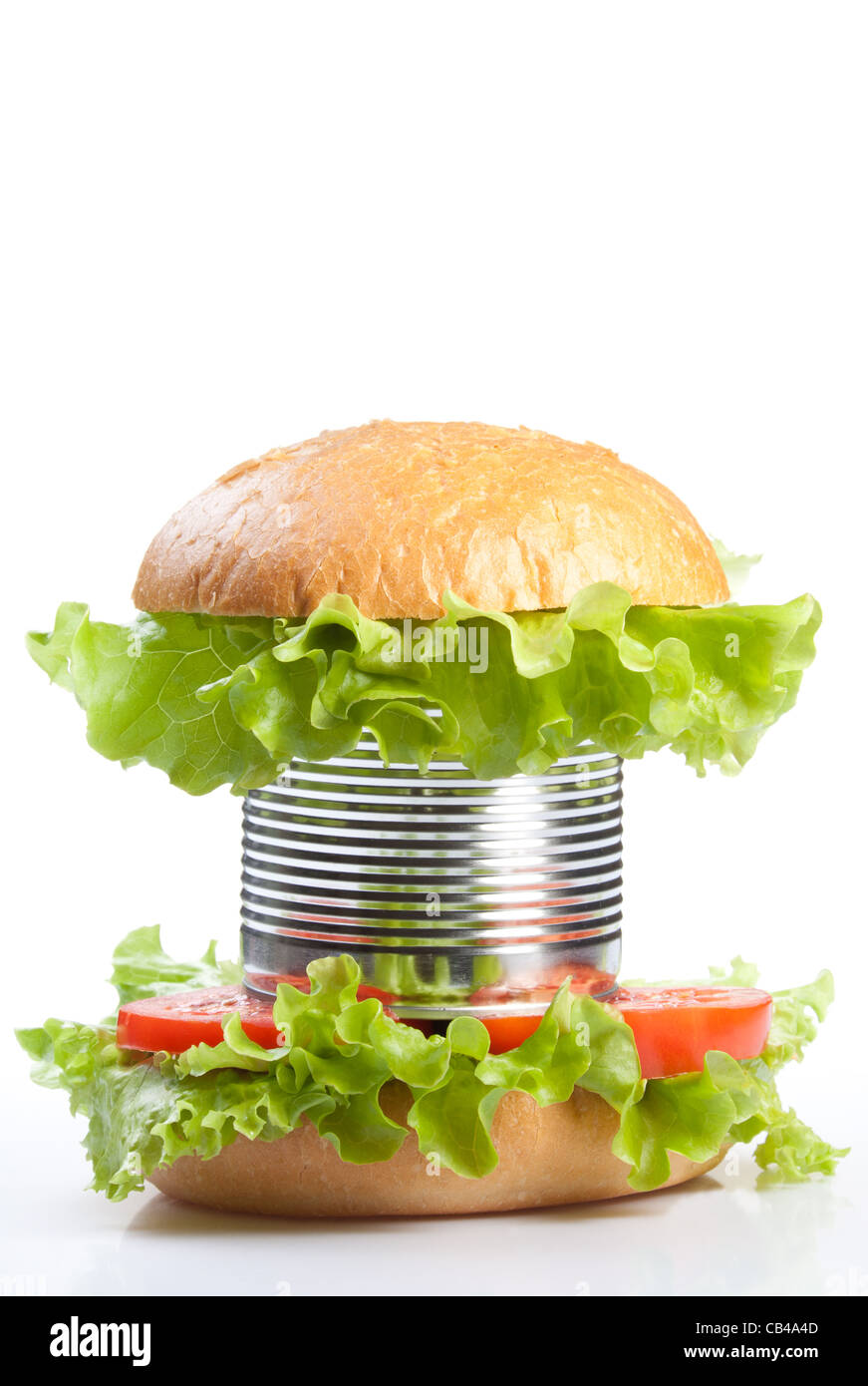 Unhealthy canned fast food hamburger depicting concept of a lot of ...