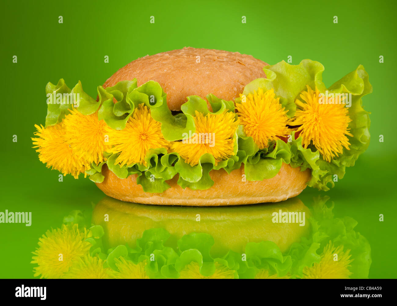 Burger with dandelions representing spring menu concept Stock Photo - Alamy