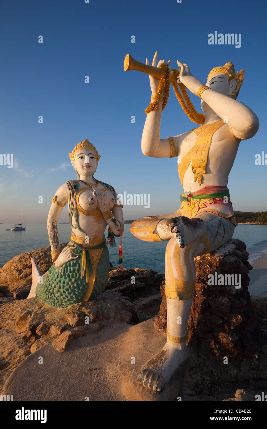 Thailand, Ko Samet, Saikaew Beach, Flute Player and Mermaid Statue ...