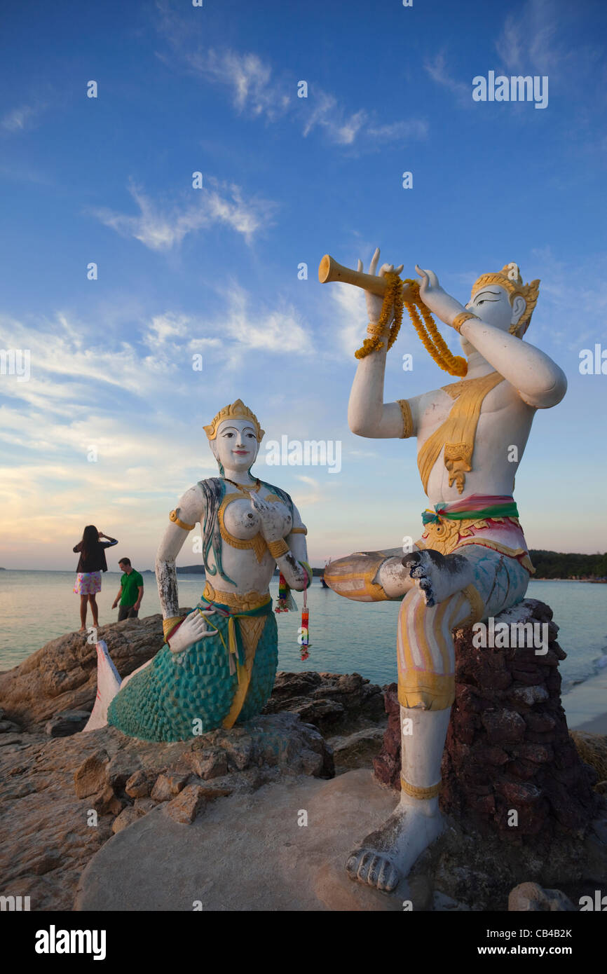 Thailand, Ko Samet, Saikaew Beach, Flute Player and Mermaid Statue ...