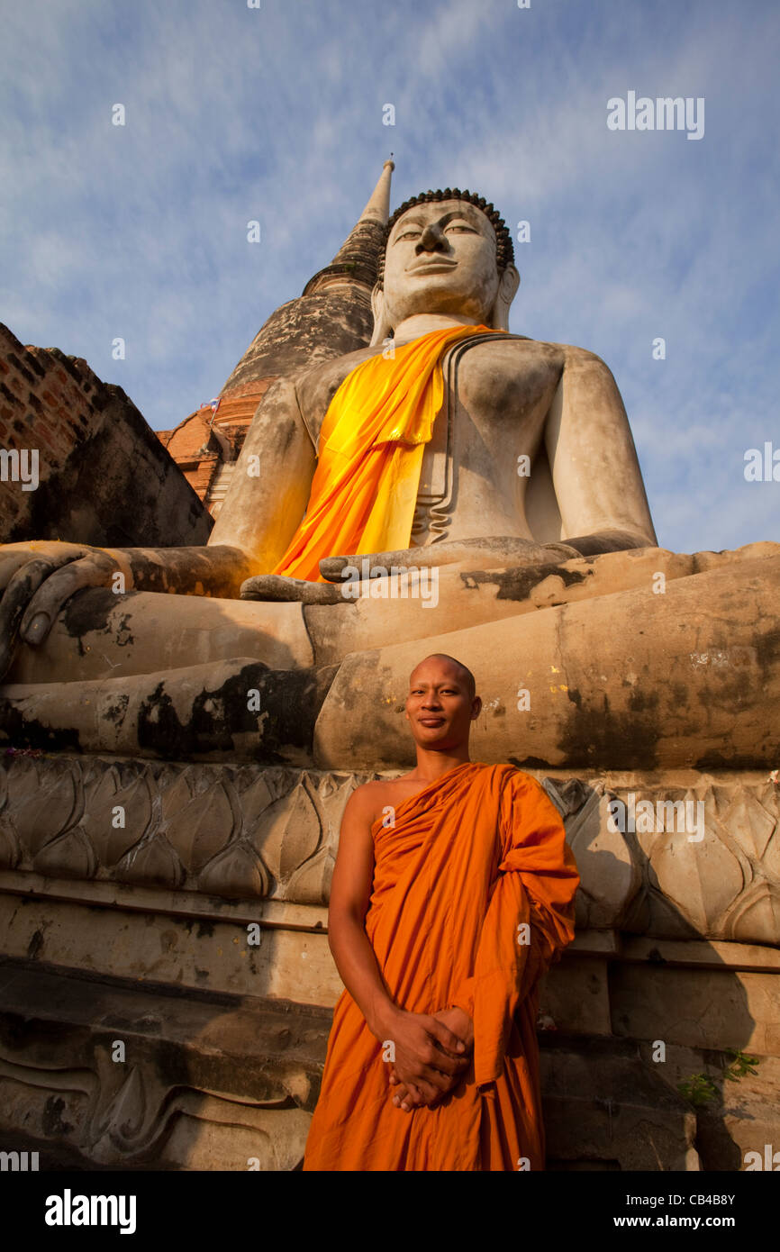 Thailand, Ayutthaya, Ayutthaya Historical Park, Monk in Wat Yai Chai ...