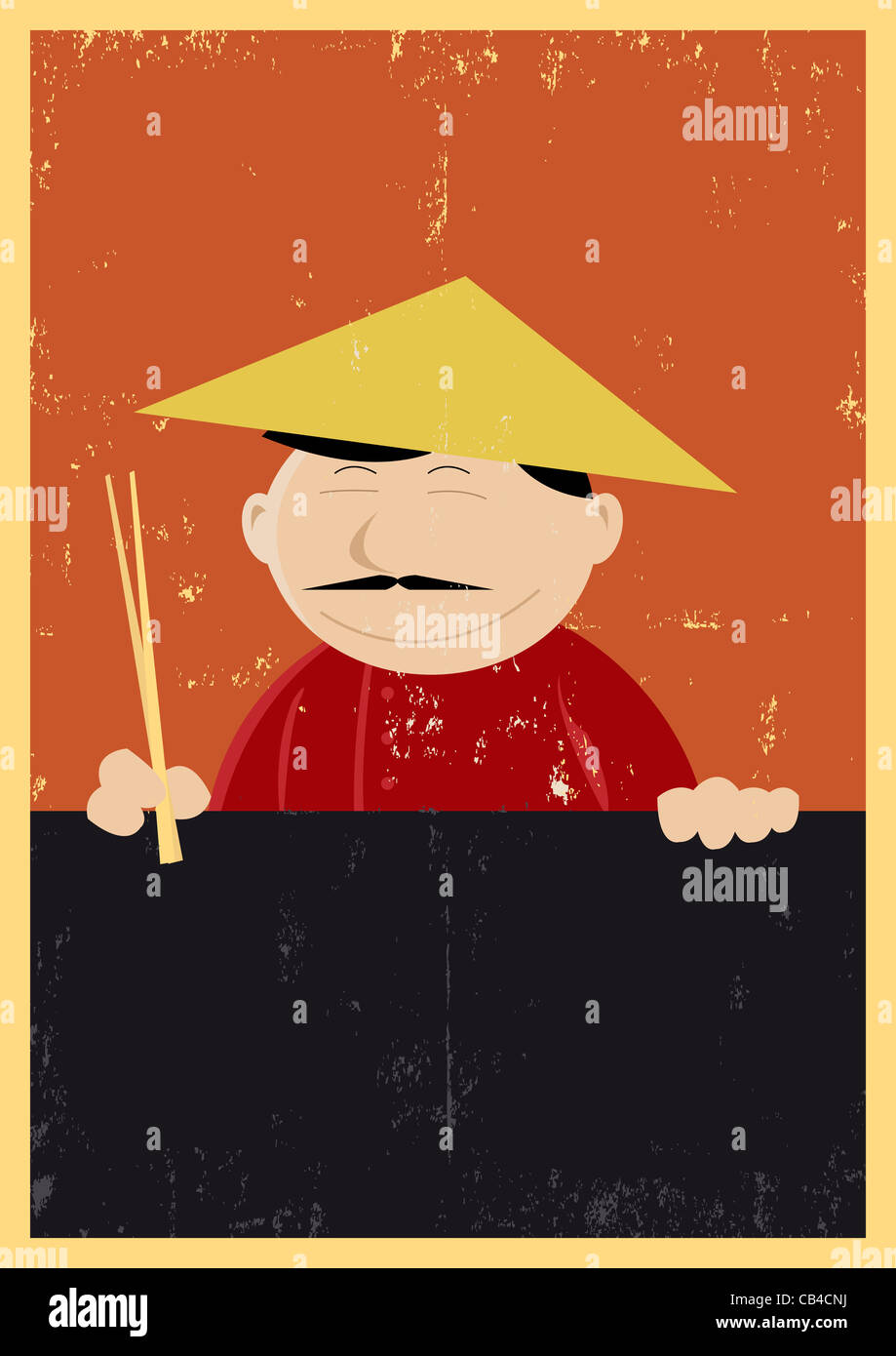 Illustration of a chinese cook showing menu, for those who likes nems ...