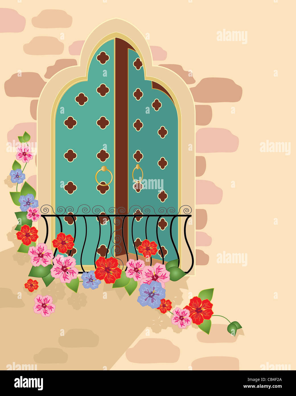 an illustration of a fancy asian style window with balcony and hibiscus ...