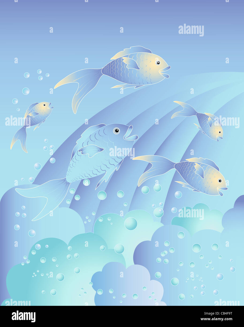 an illustration of blue fish swimming in the spray of a waterfall Stock ...