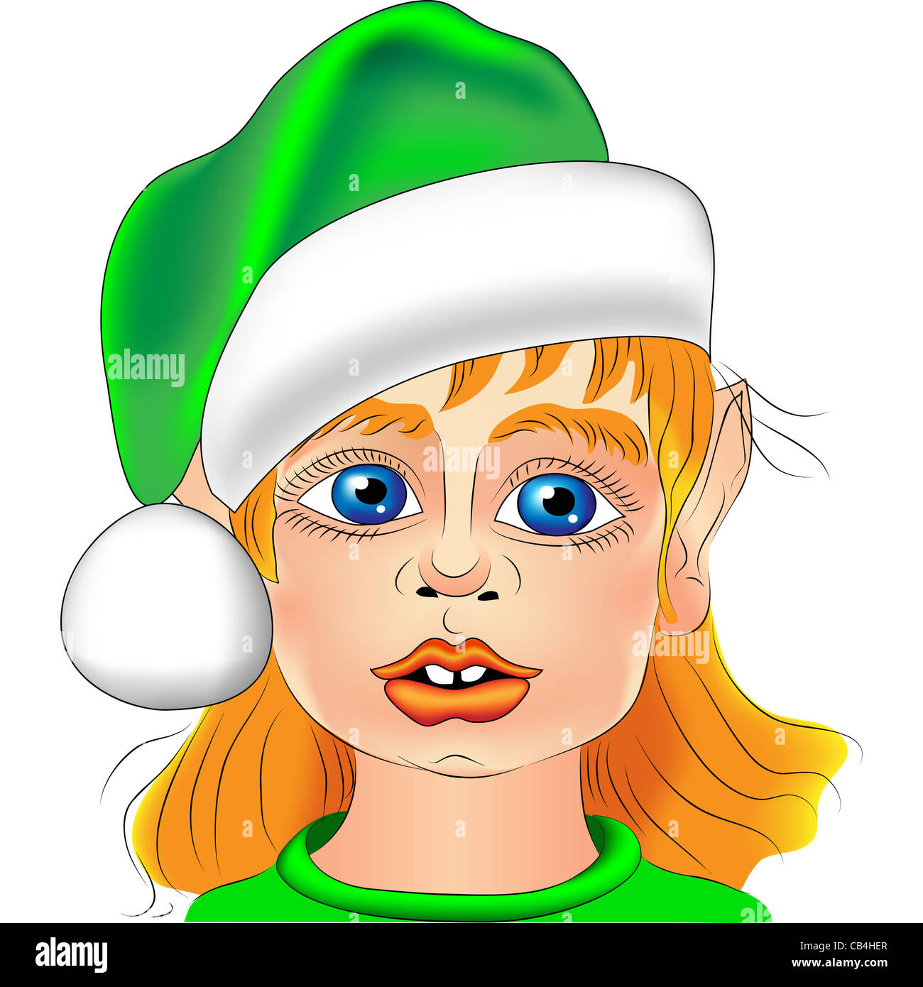 Christmas elf portrait close-up with big blue eyes in the green hat ...