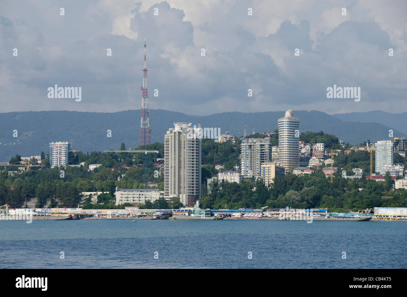 Russia, Sochi. Seaside port & beach area along the Black Sea Stock ...