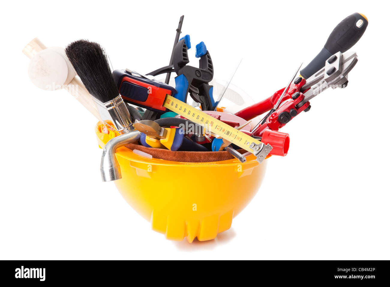 a mix of construction tools over a white background (selective focus ...