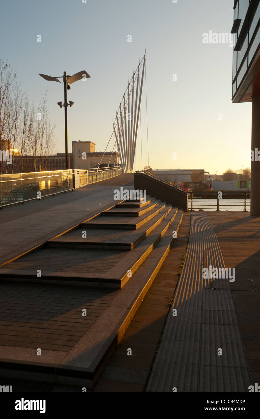 MediaCityUK swing footbridge, over the Manchester Ship Canal at Salford ...