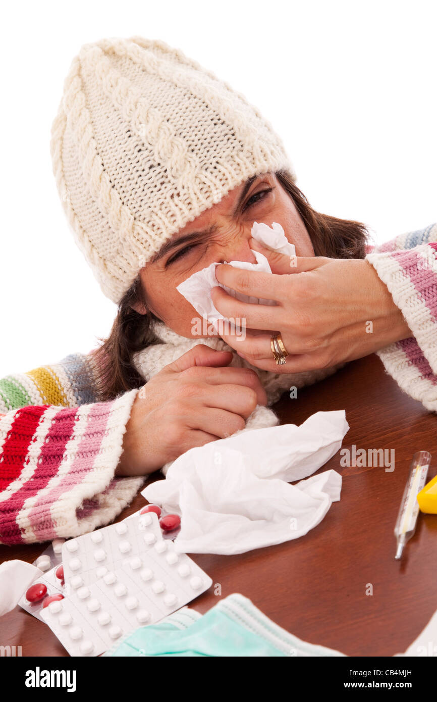 sad woman whit flu symptom and a thermometer in her mouth (isolated on ...