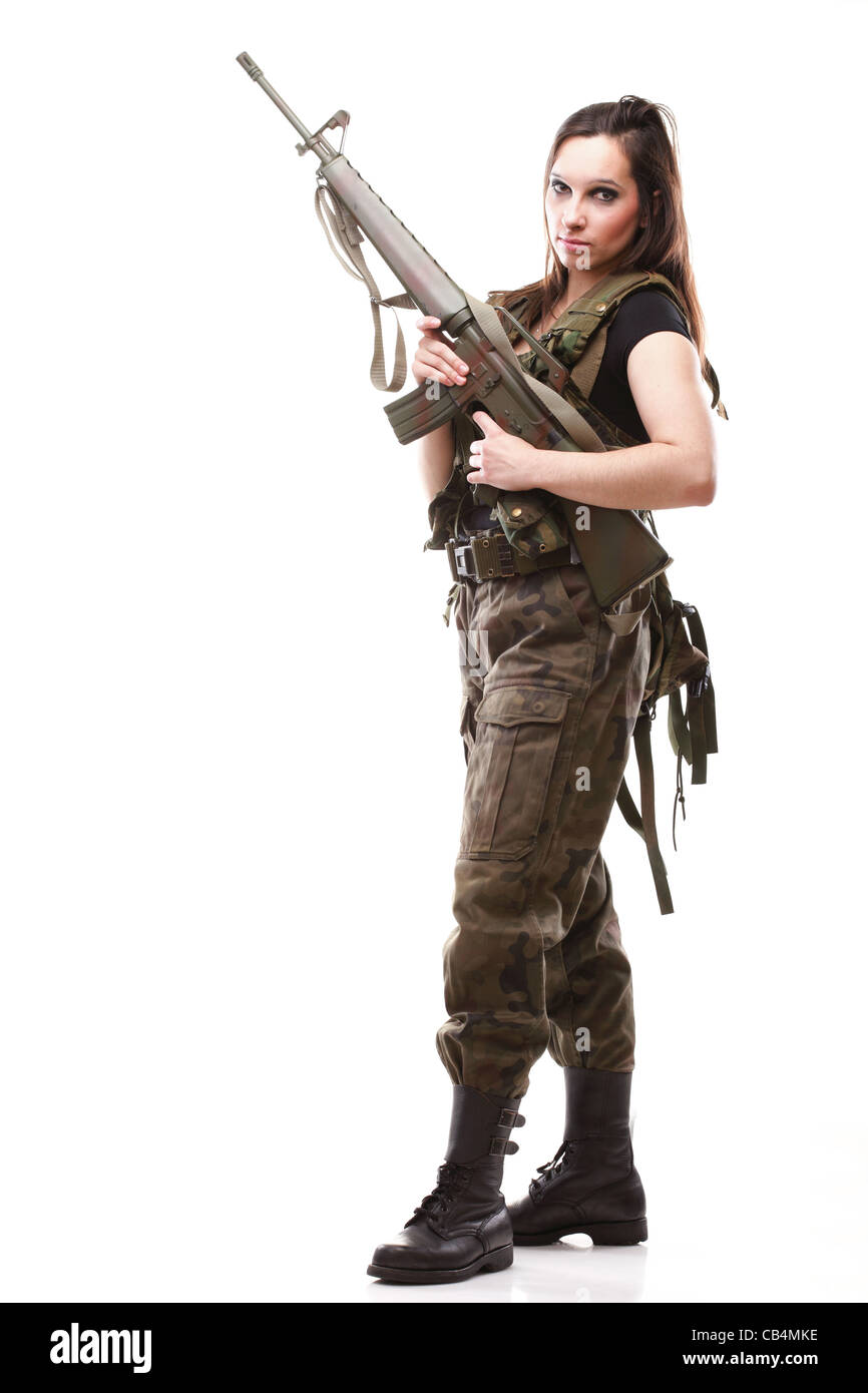 Beautiful woman with rifle plastic Military Army girl Holding Gun white ...