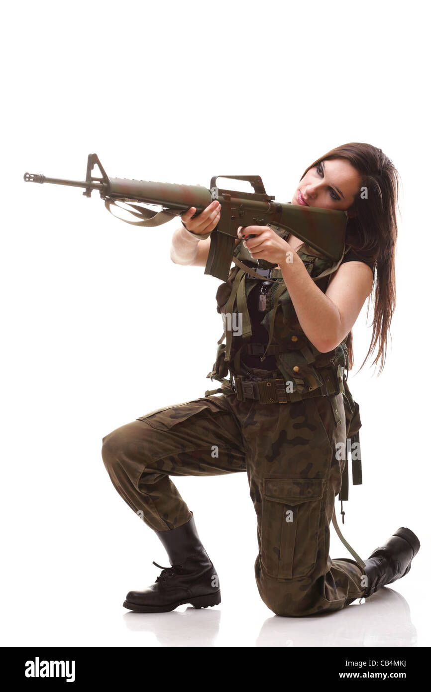 Beautiful woman with rifle plastic Military Army girl Holding Gun white ...
