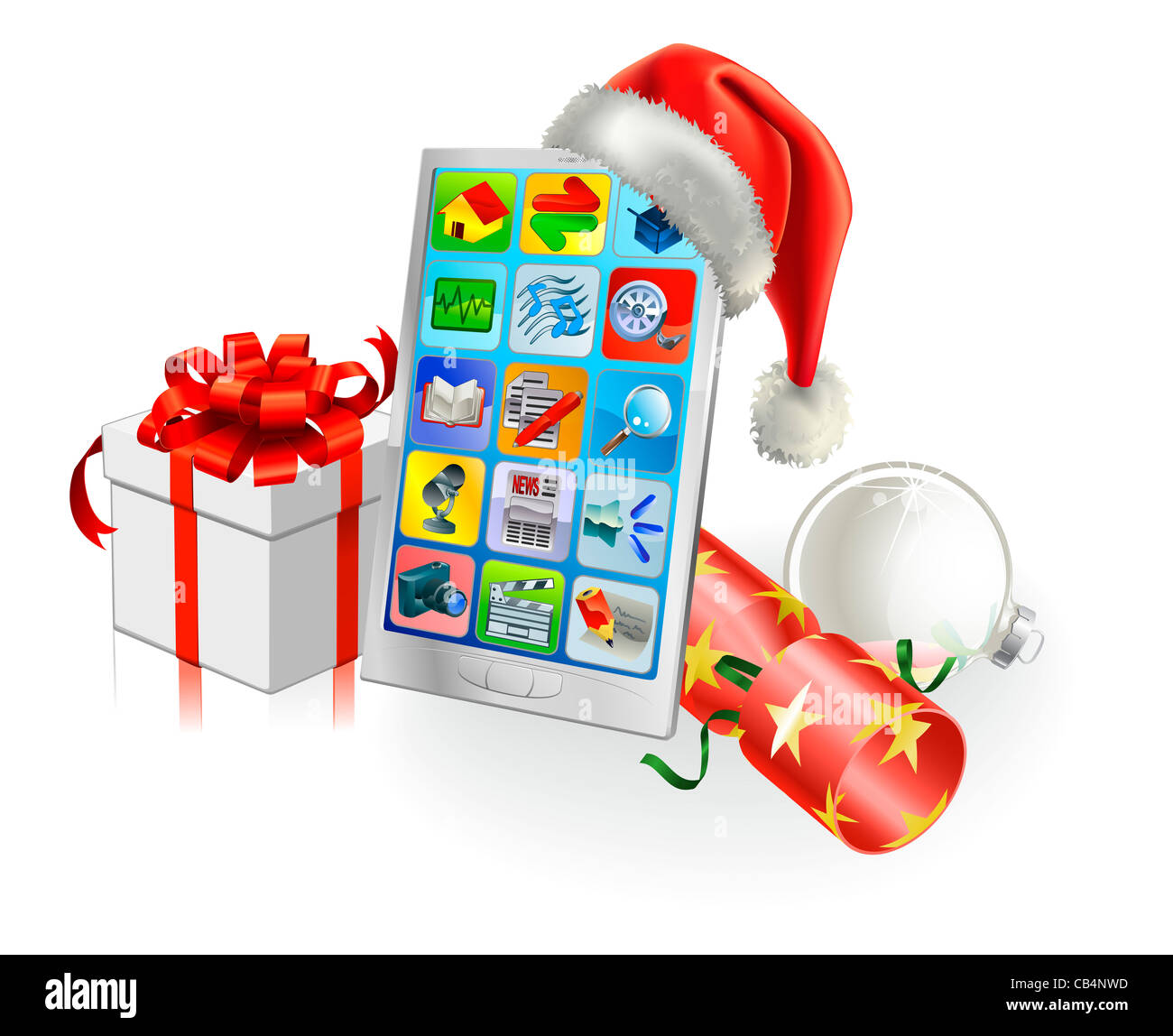 Christmas mobile phone with Santa hat, gift, cracker and bauble Stock ...