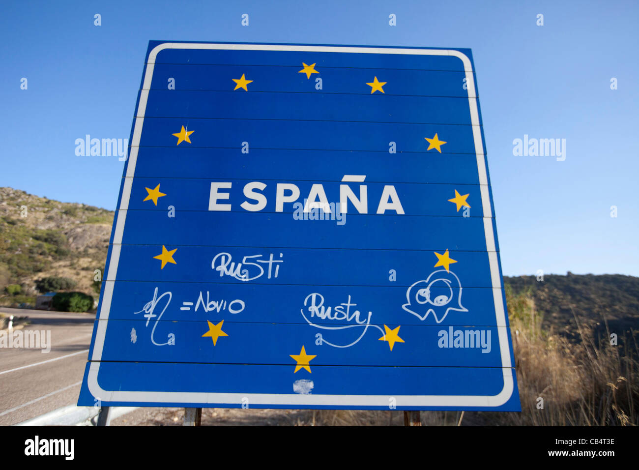 Blue european road sign Espana Spain europe with 2 stars graphiti ...
