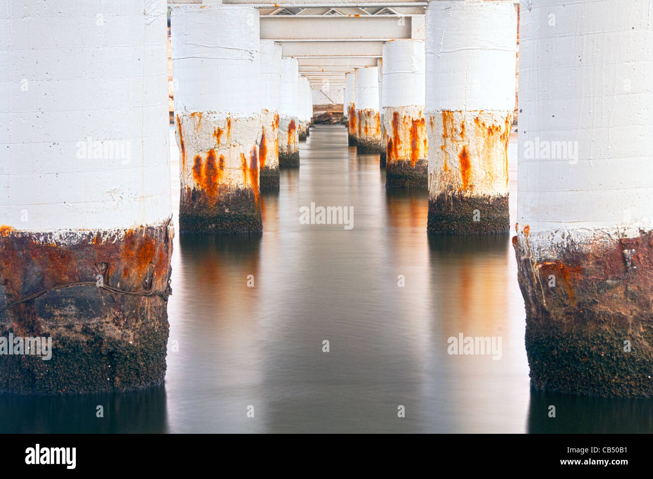 Rusty bridge poles in still water Stock Photo - Alamy