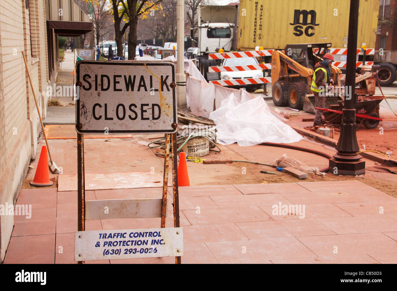 Sidewalk closed sign in construction area. Oak Park, Illinois Stock ...