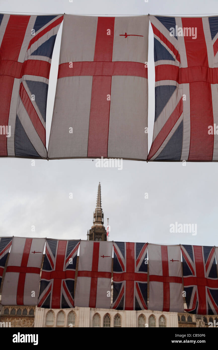 St. George's flags and Union Jack outside Guildhall, London, England ...
