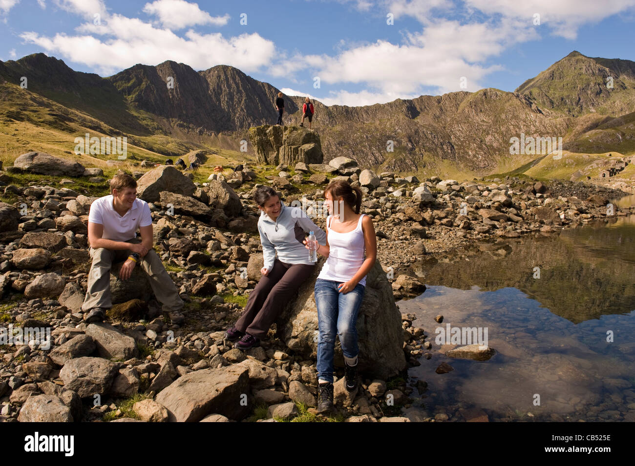 A group of young males and females hiking in Snowdonia National Park ...