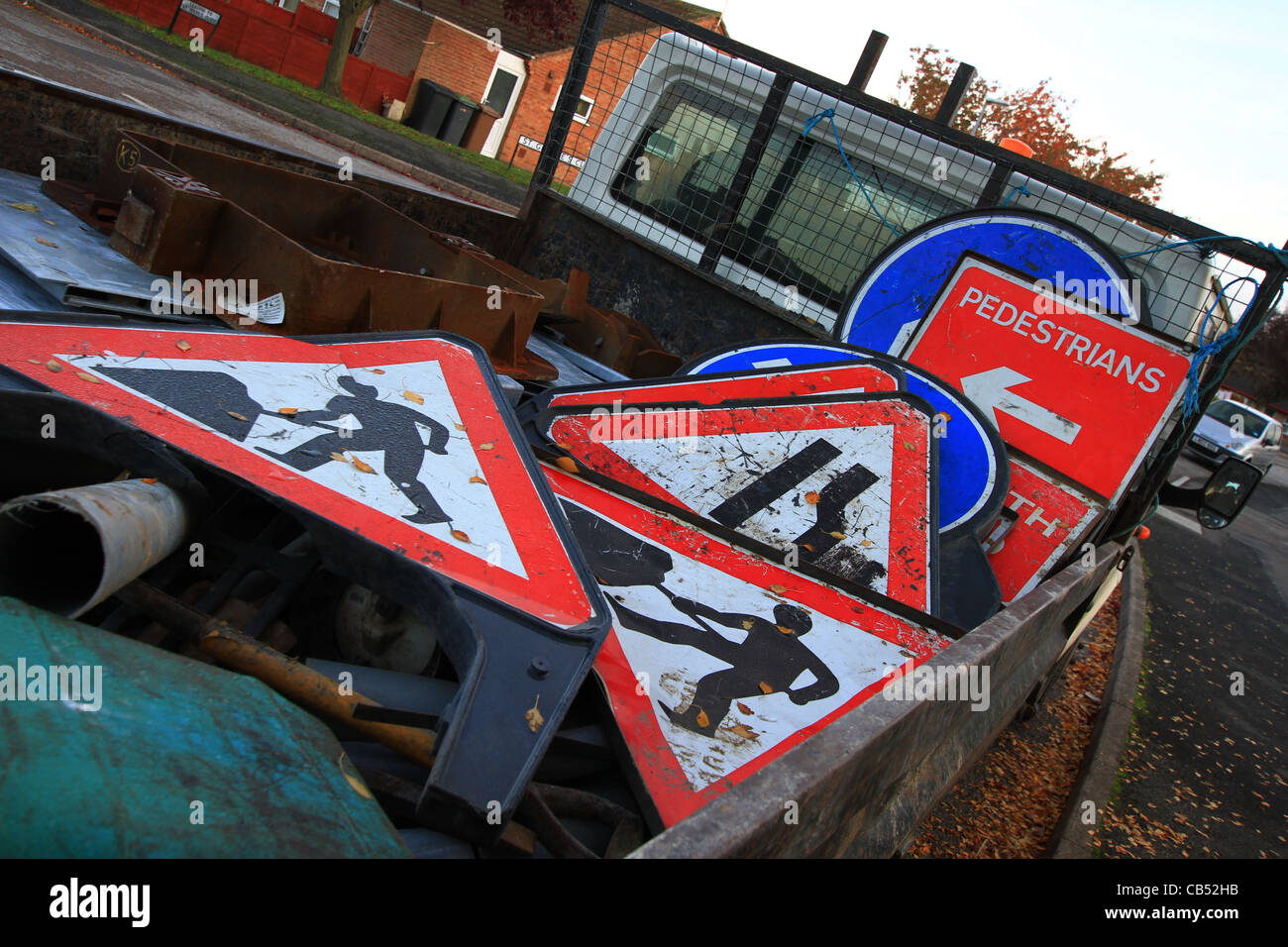 Road signs, back of truck, road ahead closed, temporary working, signs ...
