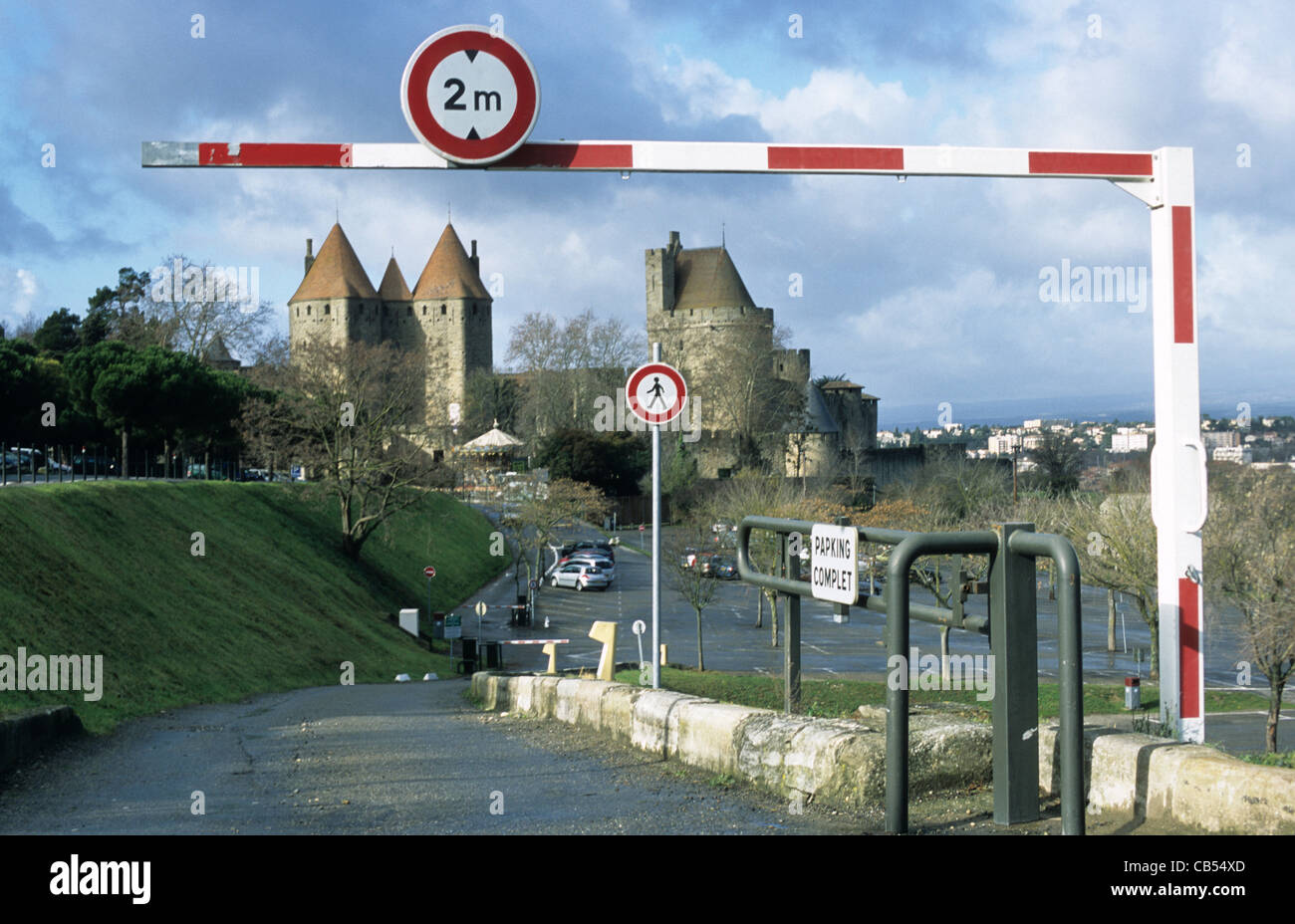 Car park entrance with the medieval Cite in the background, Carcassonne ...