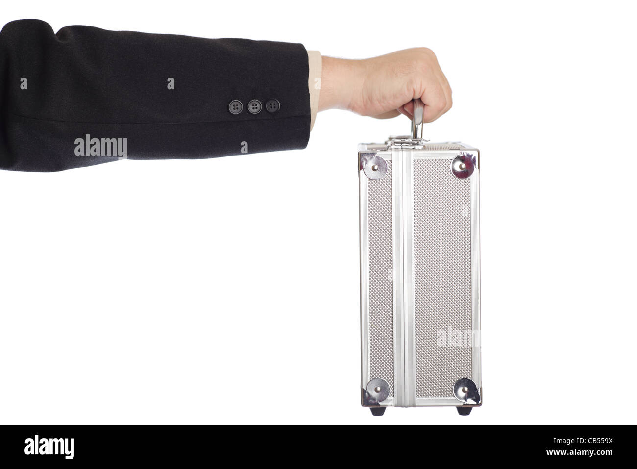 silver case in man hand - isolated on white Stock Photo - Alamy