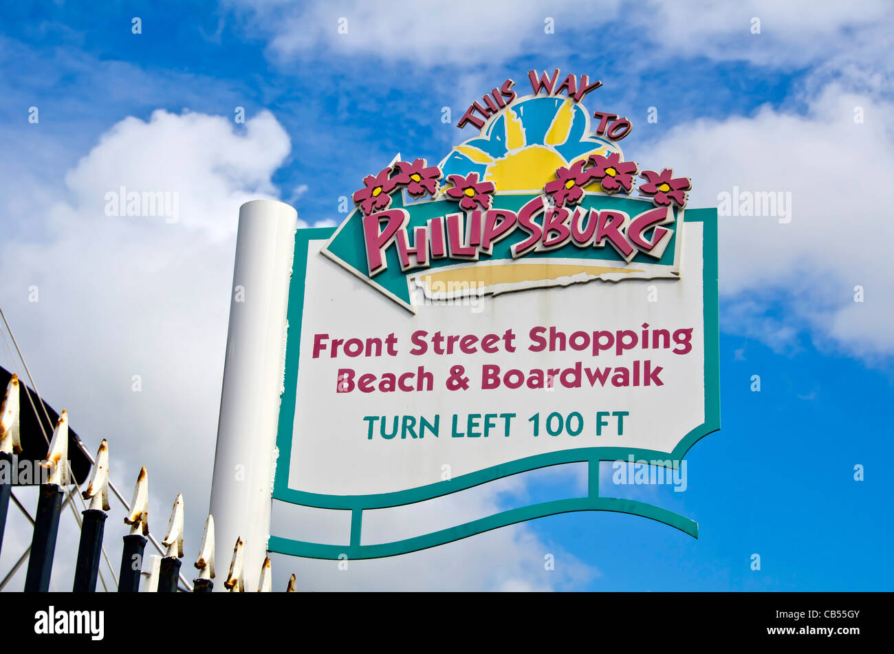 St Maarten, Philipsburg. front street shopping beach & boardwalk sign ...