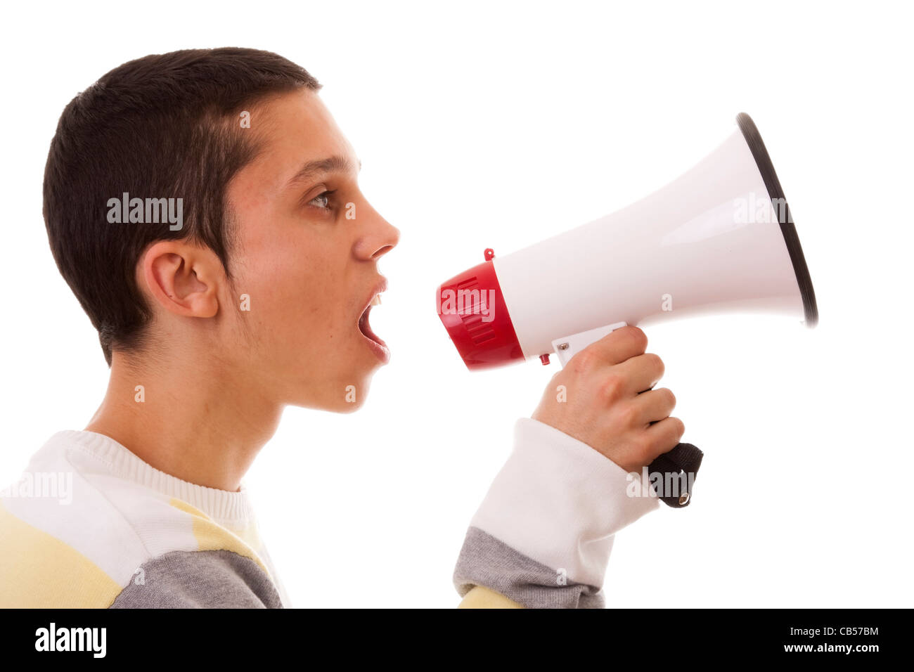 young men shouting at the megaphone (selective focus Stock Photo - Alamy