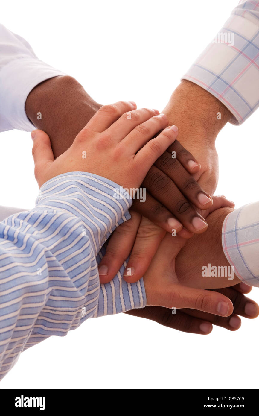 multiracial hands together isolated on white (selective focus Stock ...