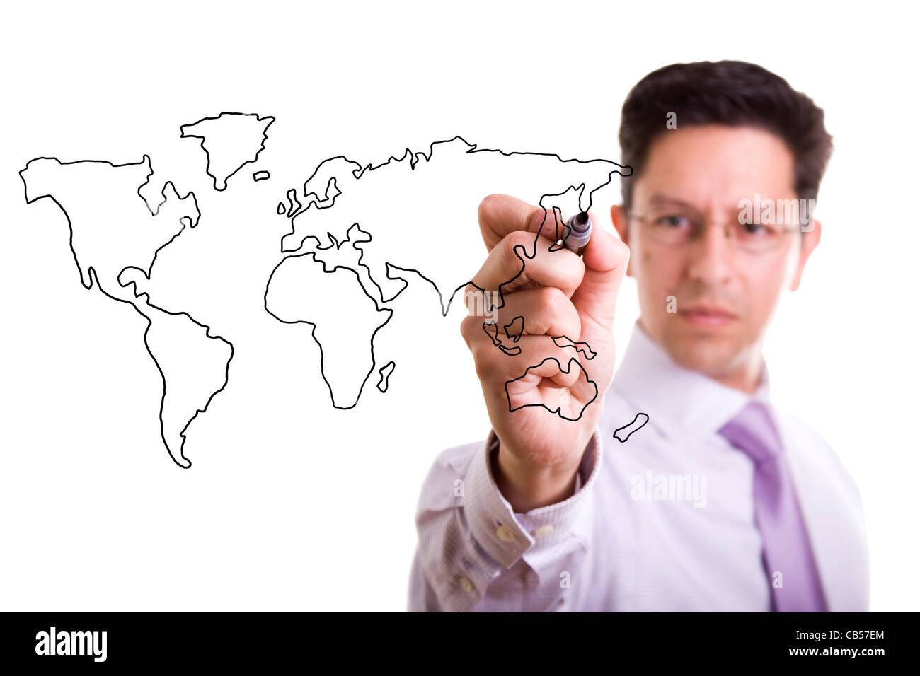businessman drawing the world map in a whiteboard (selective focus ...
