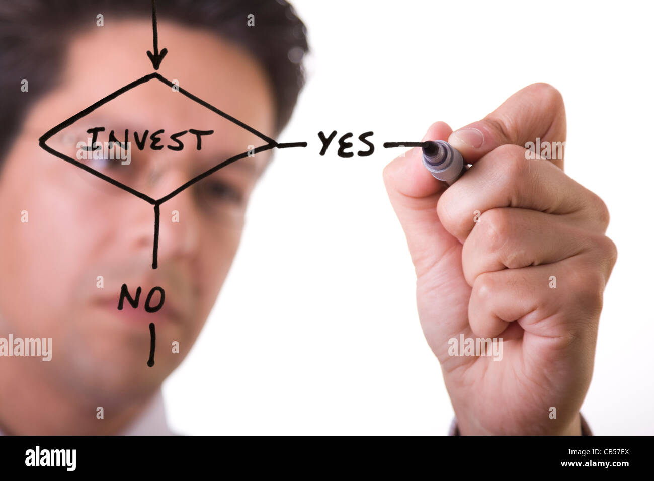 businessman drawing a flowchart on a white board (focus on the draw and ...