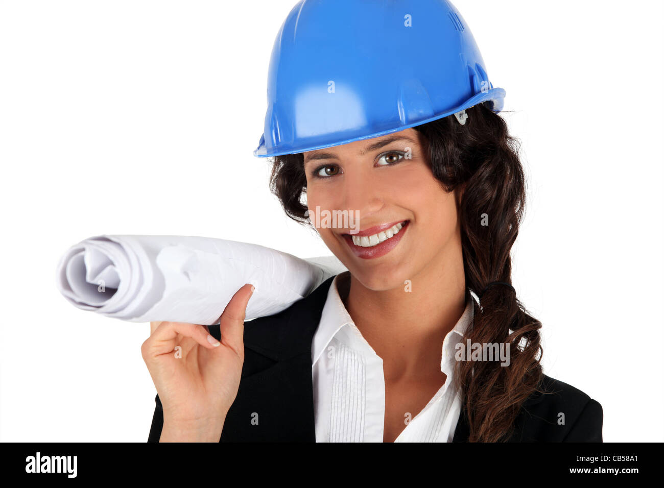 Female engineer with plans Stock Photo - Alamy