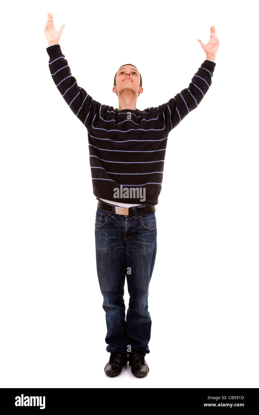 young man standing with his head looking up (isolated on white Stock ...