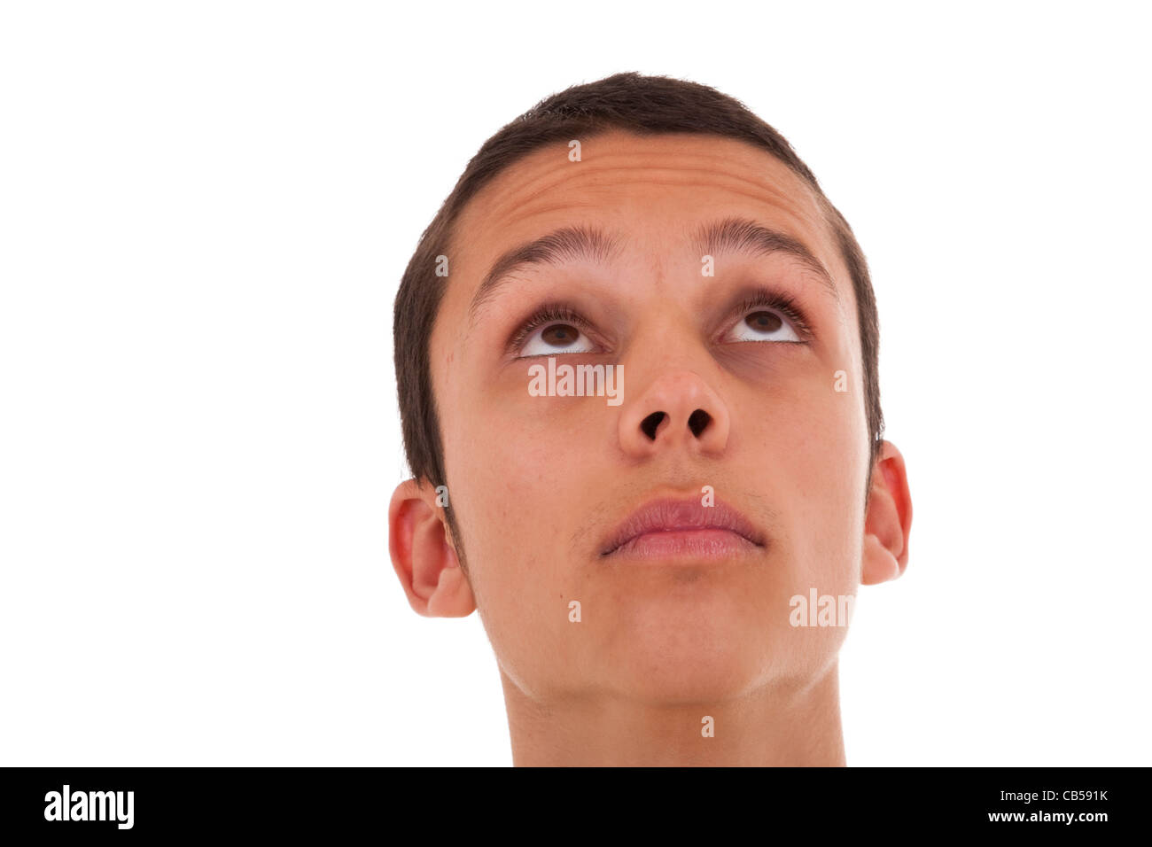 young man face looking to the copy space (isolated in white Stock Photo ...