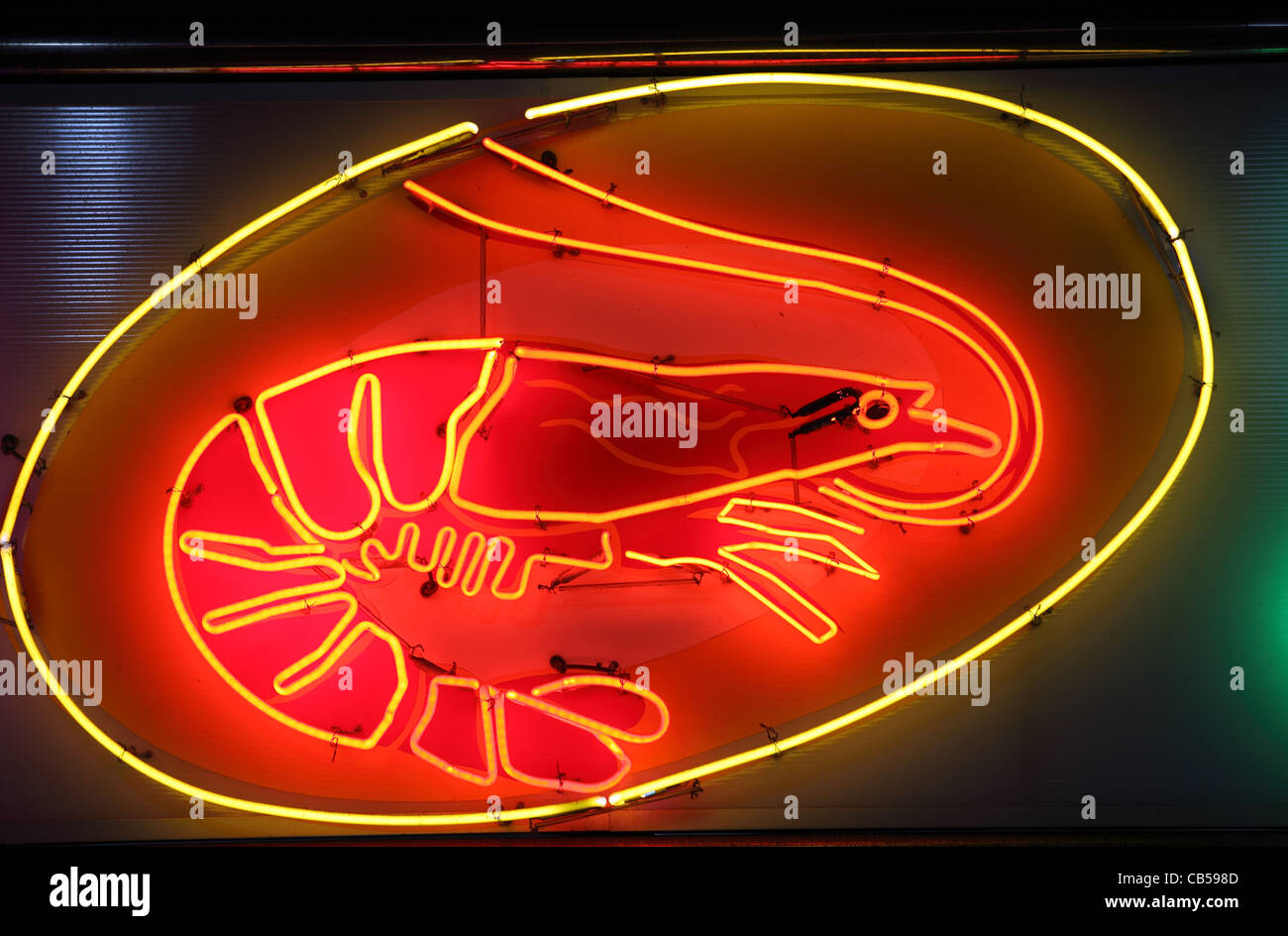 Neon BBQ shrimp sign at hawker food court Stock Photo - Alamy