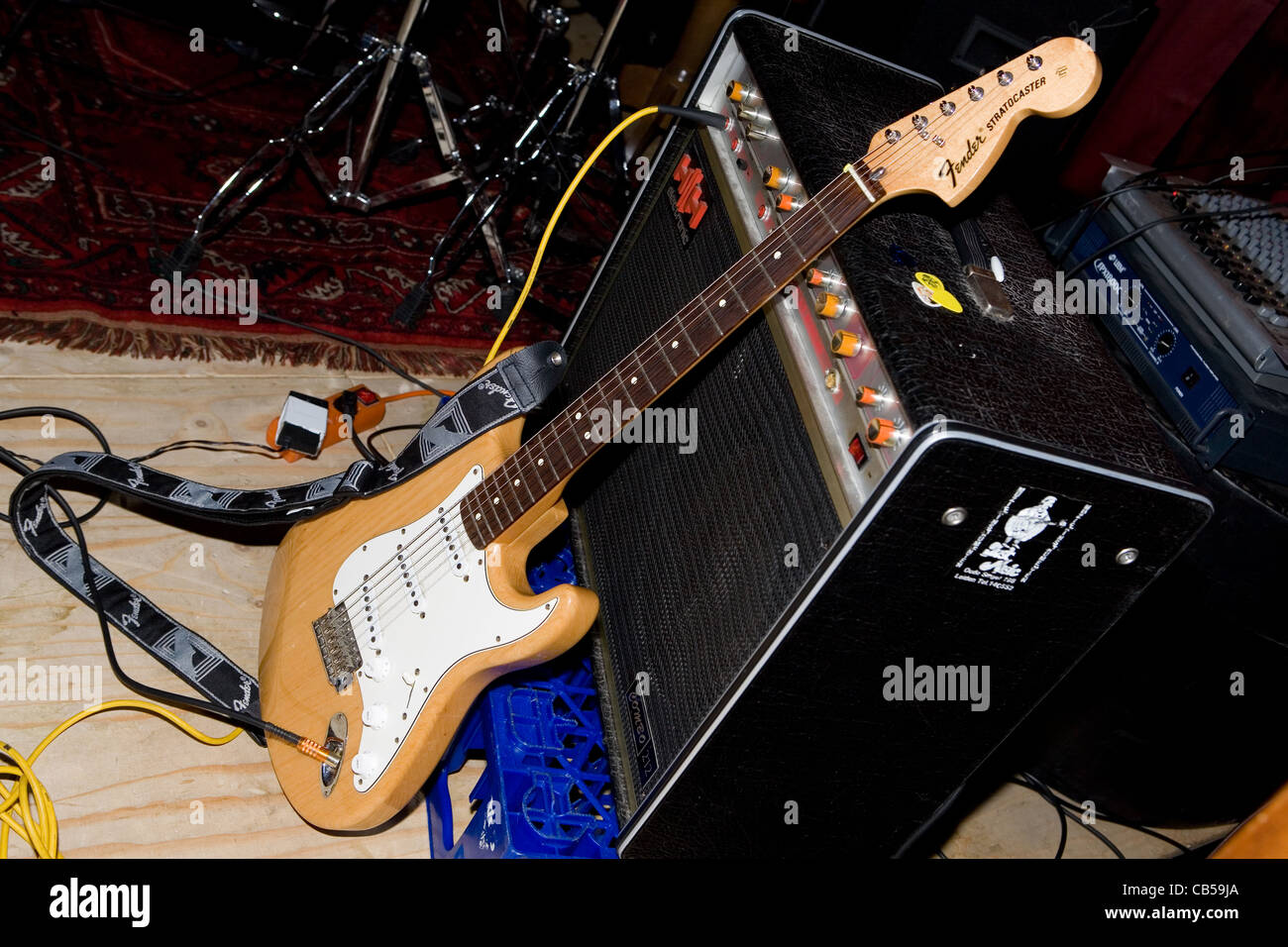 amplifier and fender stratocaster guitar on stage Stock Photo - Alamy