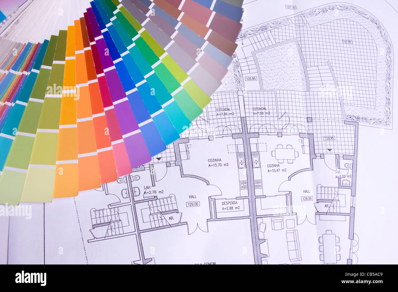 background colorful palette over a blueprint plan Stock Photo - Alamy