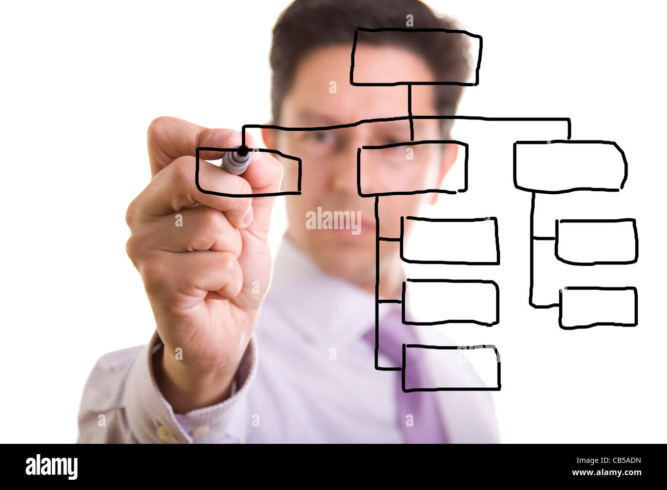 businessman drawing an organization chart on a white board (focus on ...