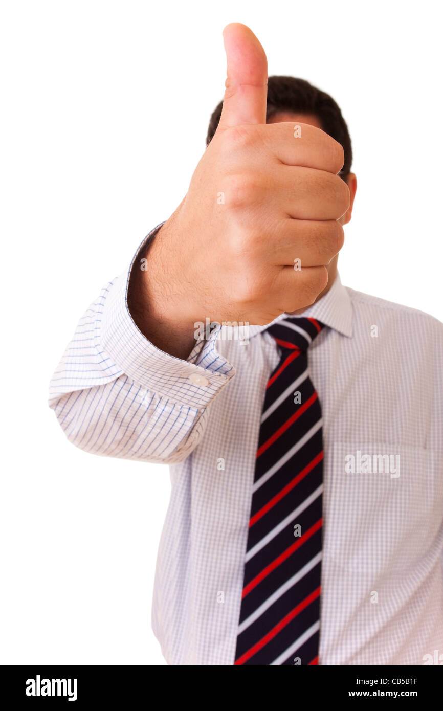 businessman with his thumb up in front of his face (isolated on white ...