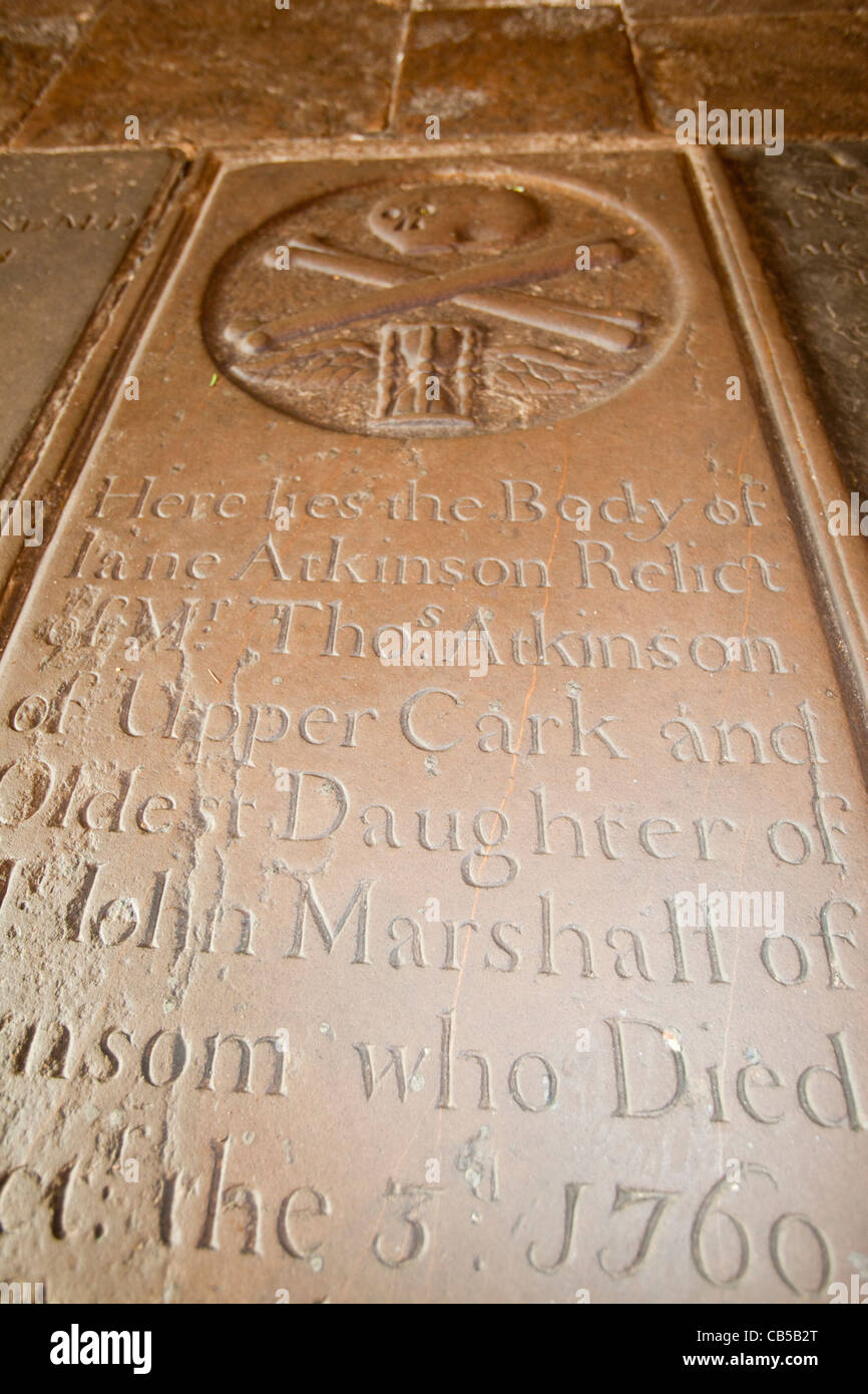 An 18th Century gravestone at Cartmell Priory, Cark in Cartmell ...