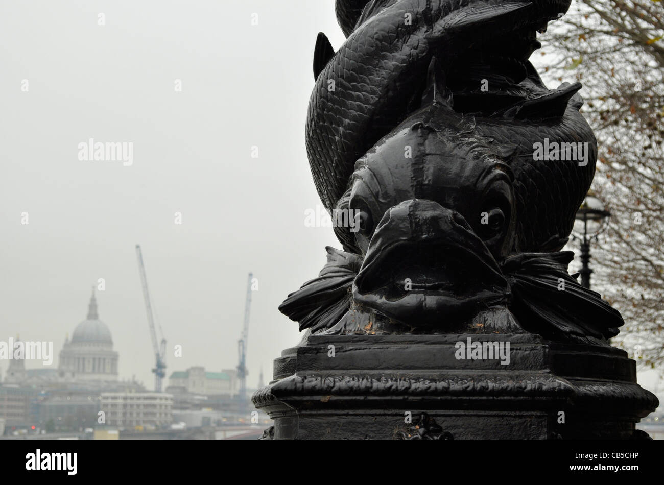 An ornamental dolphin shaped lamp base on the South Bank of the Thames ...