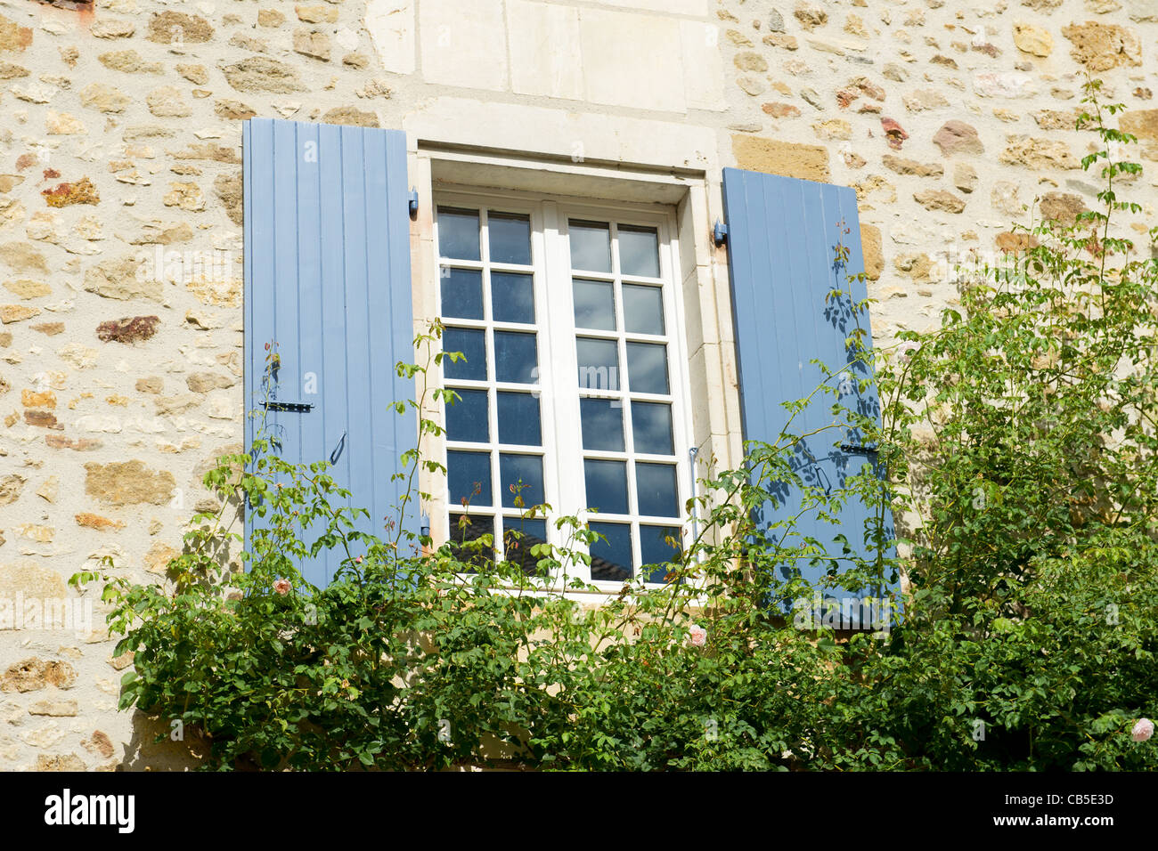French window with typical blue shutters Stock Photo - Alamy