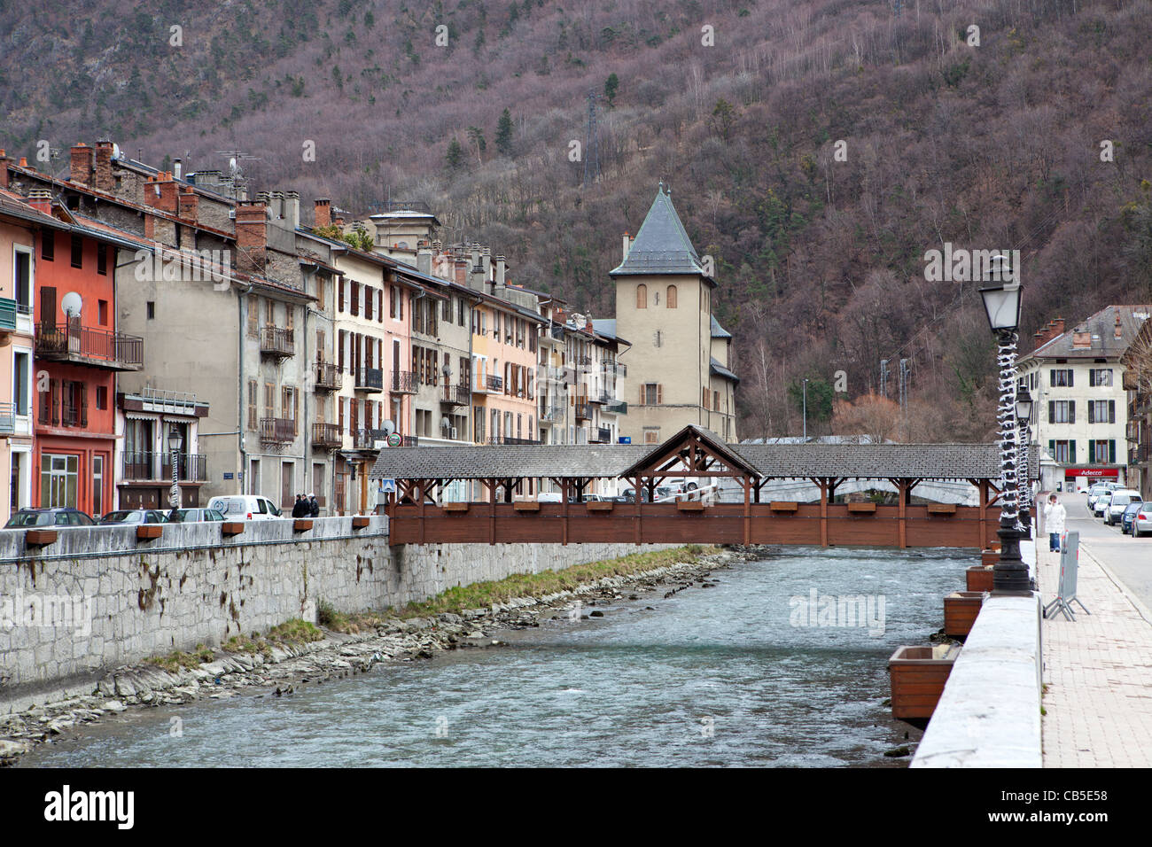 Covered bridge and river, Moutiers, Tarentaise, Savoie, France Stock ...