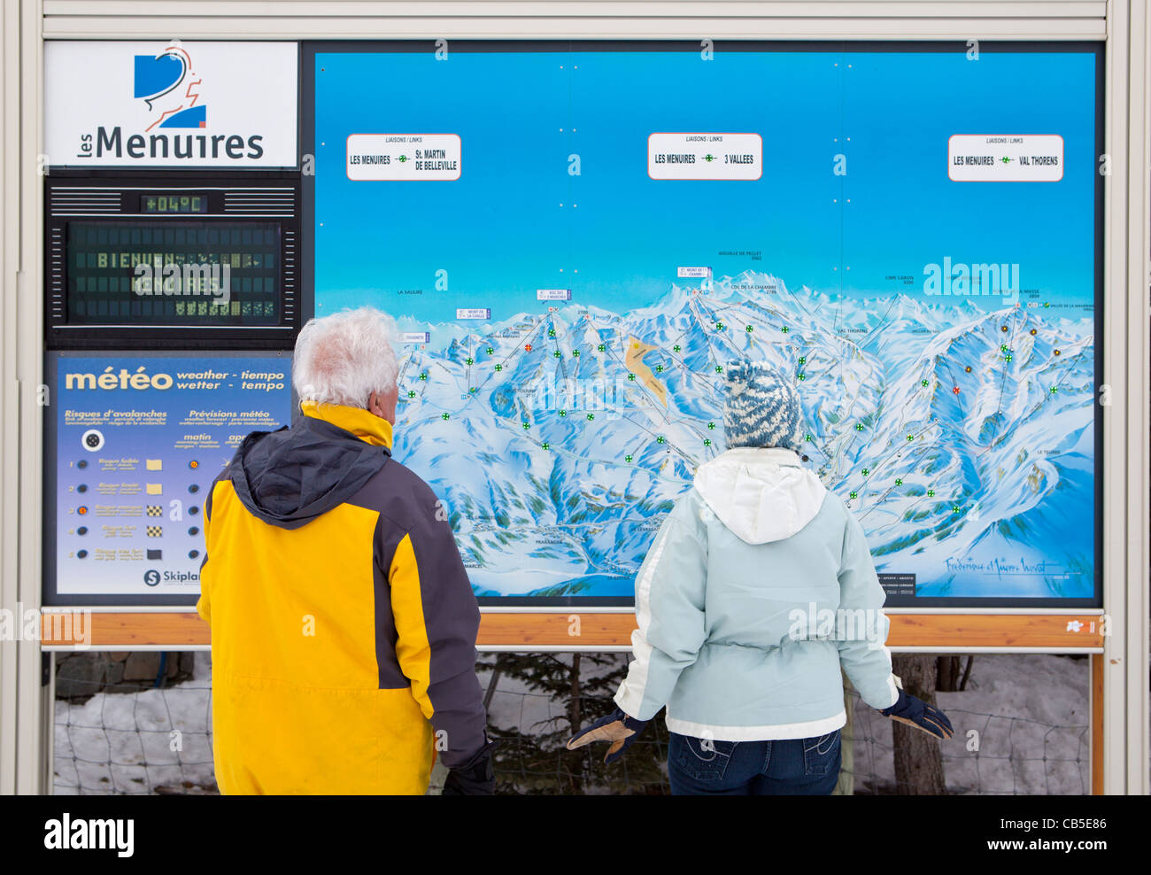 Trois Vallees illuminated piste map, Les Menuires, Savoie, France Stock ...