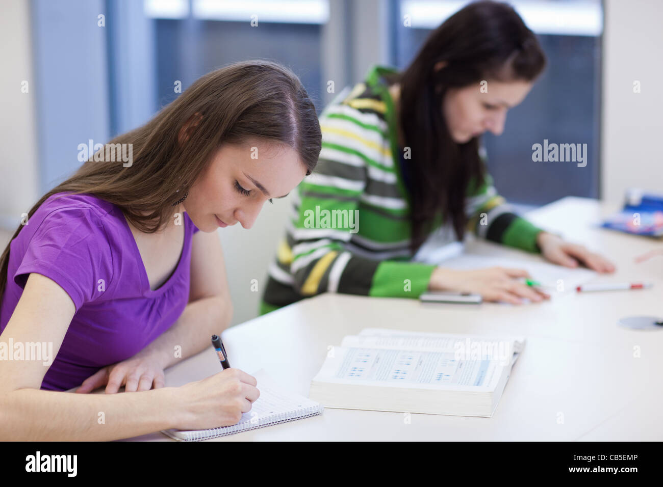 in the library - two female students with books working in a high ...
