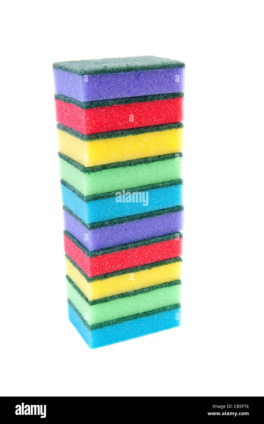 Pile of colorful sponge scourer over white background Stock Photo - Alamy