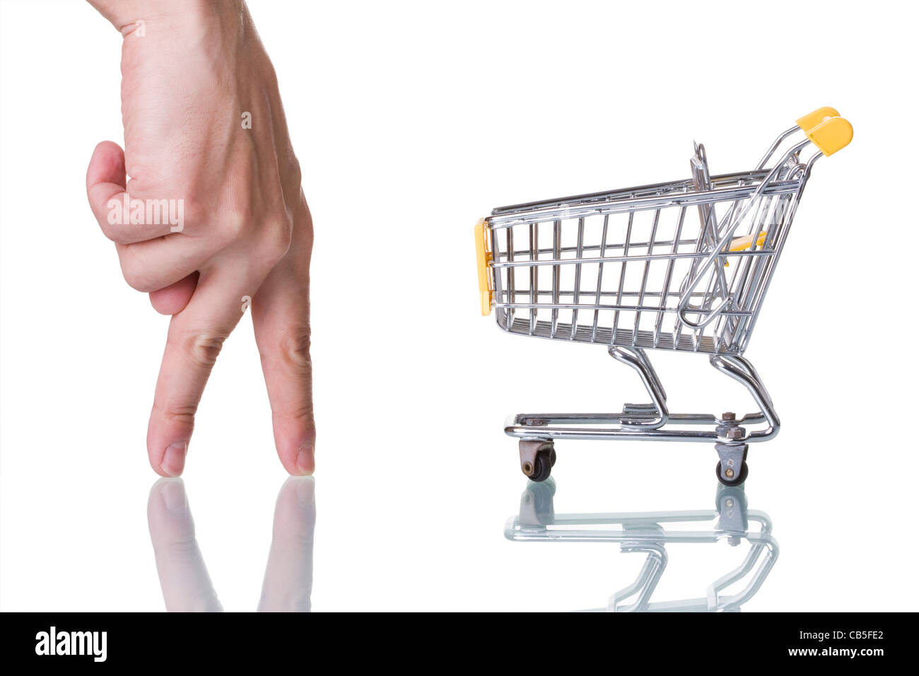 hand finding the best shopping deal isolated on white with reflection ...