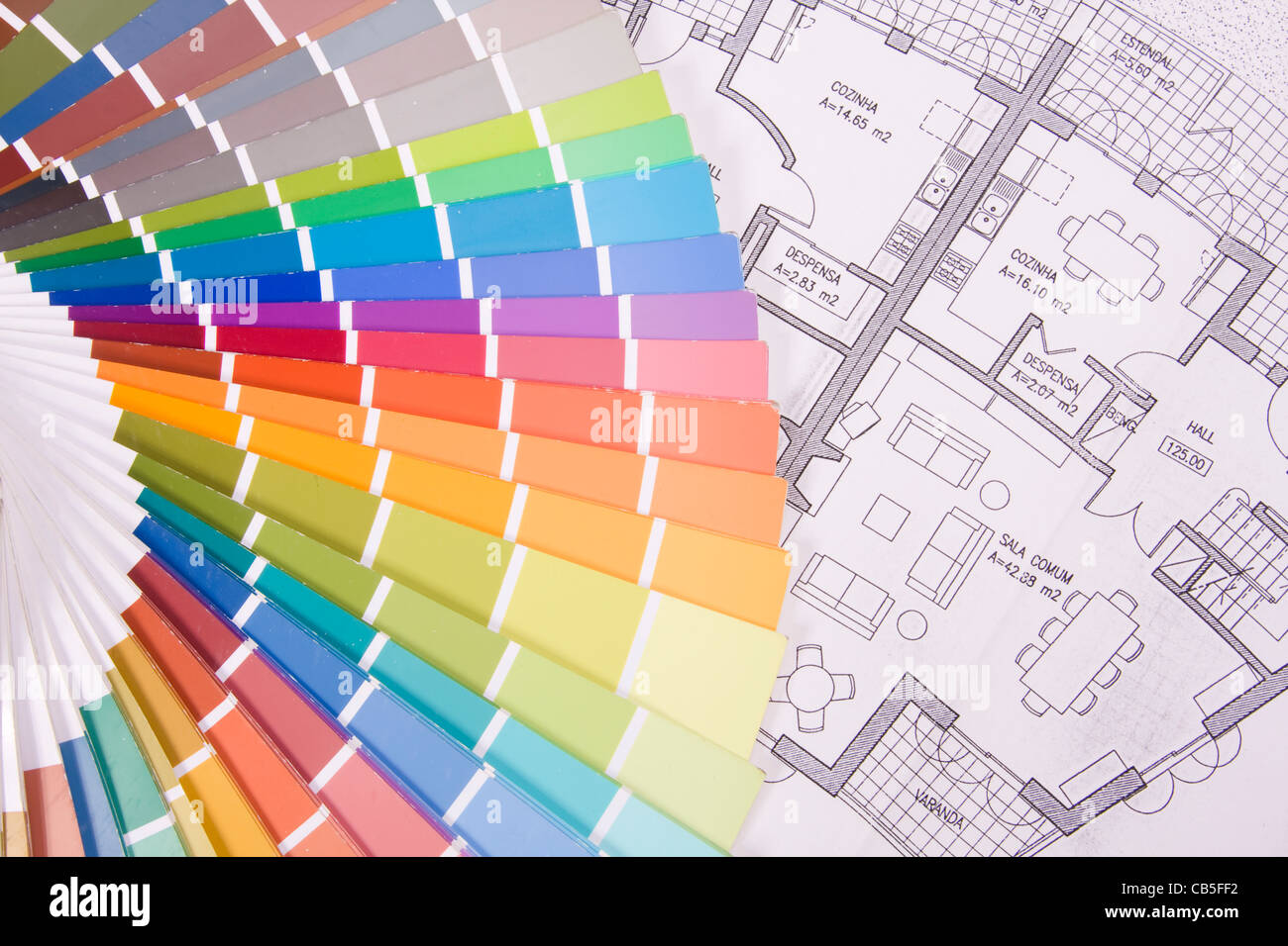 background colorful palette over a blueprint plan Stock Photo - Alamy