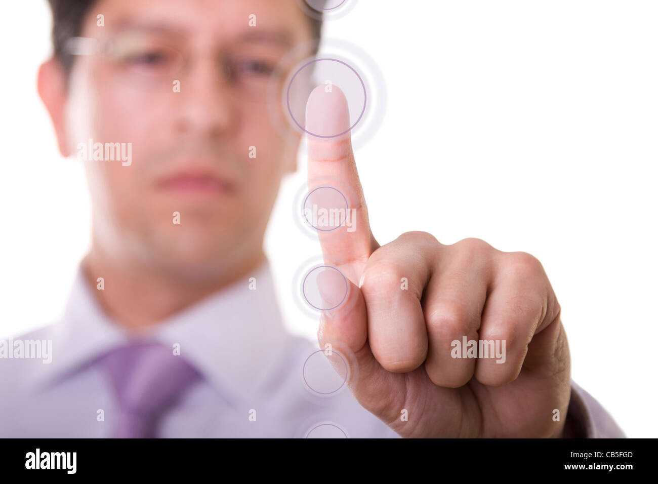 a businessman pressing a hi-tech button (you can write your command on ...