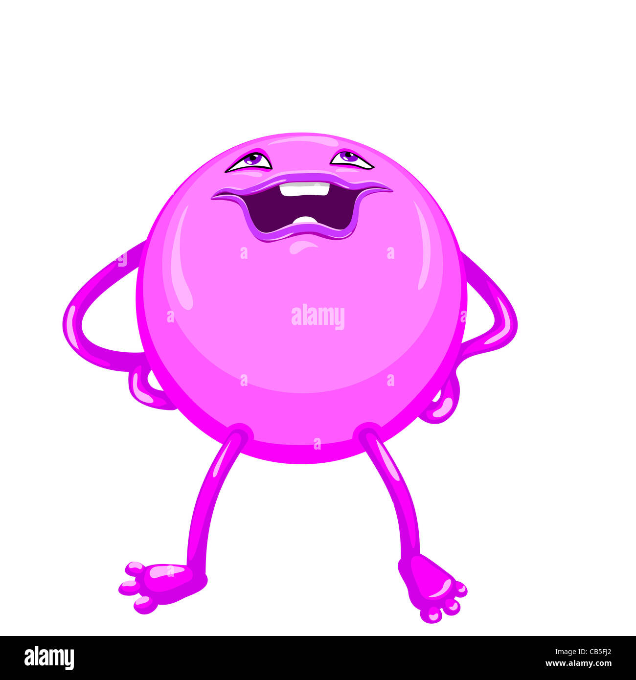 purple ball with a smile stands legs apart and hands on hips, isolated ...