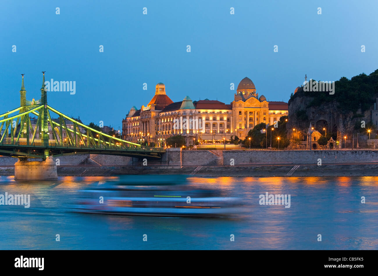 Budapest night view. Long exposure with boat silhouette on river ...