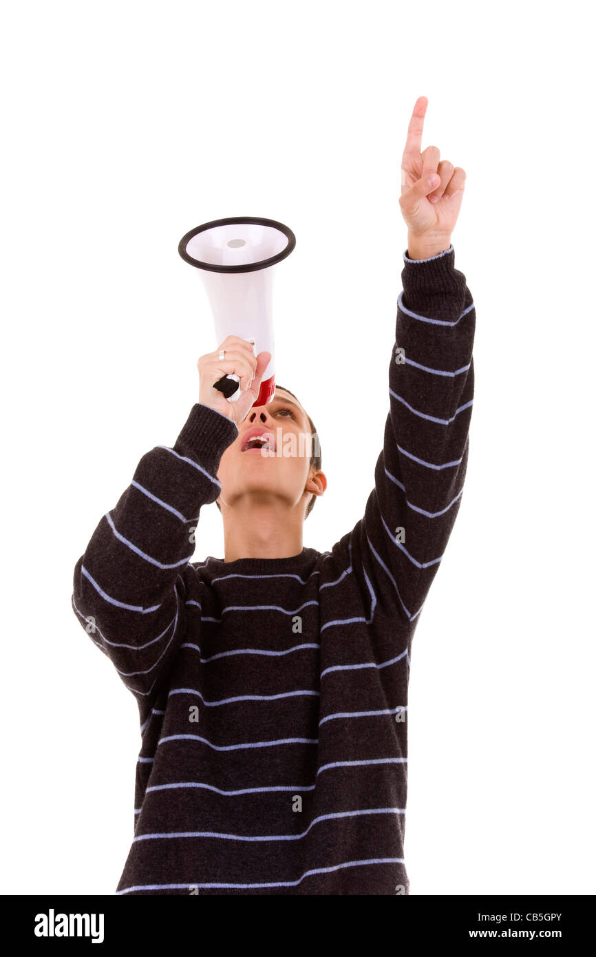 young men shouting at the megaphone (selective focus Stock Photo - Alamy